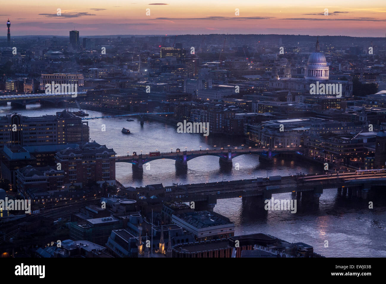 A view over London at night looking over the West End with the London ...