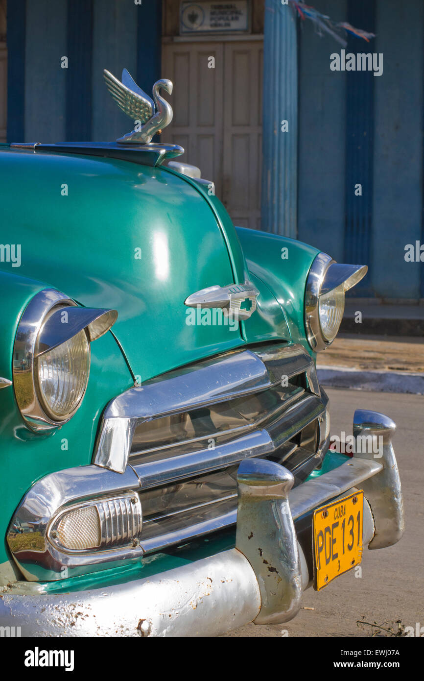 Old aqua blue Cuban car front, Vinales Stock Photo - Alamy