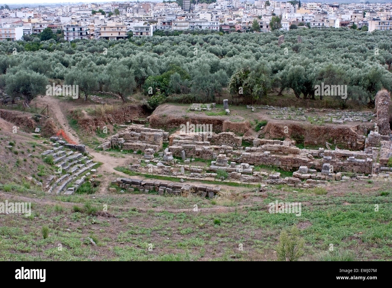 The remains of the Amphitheatre of Ancient Sparta, with the modern town ...