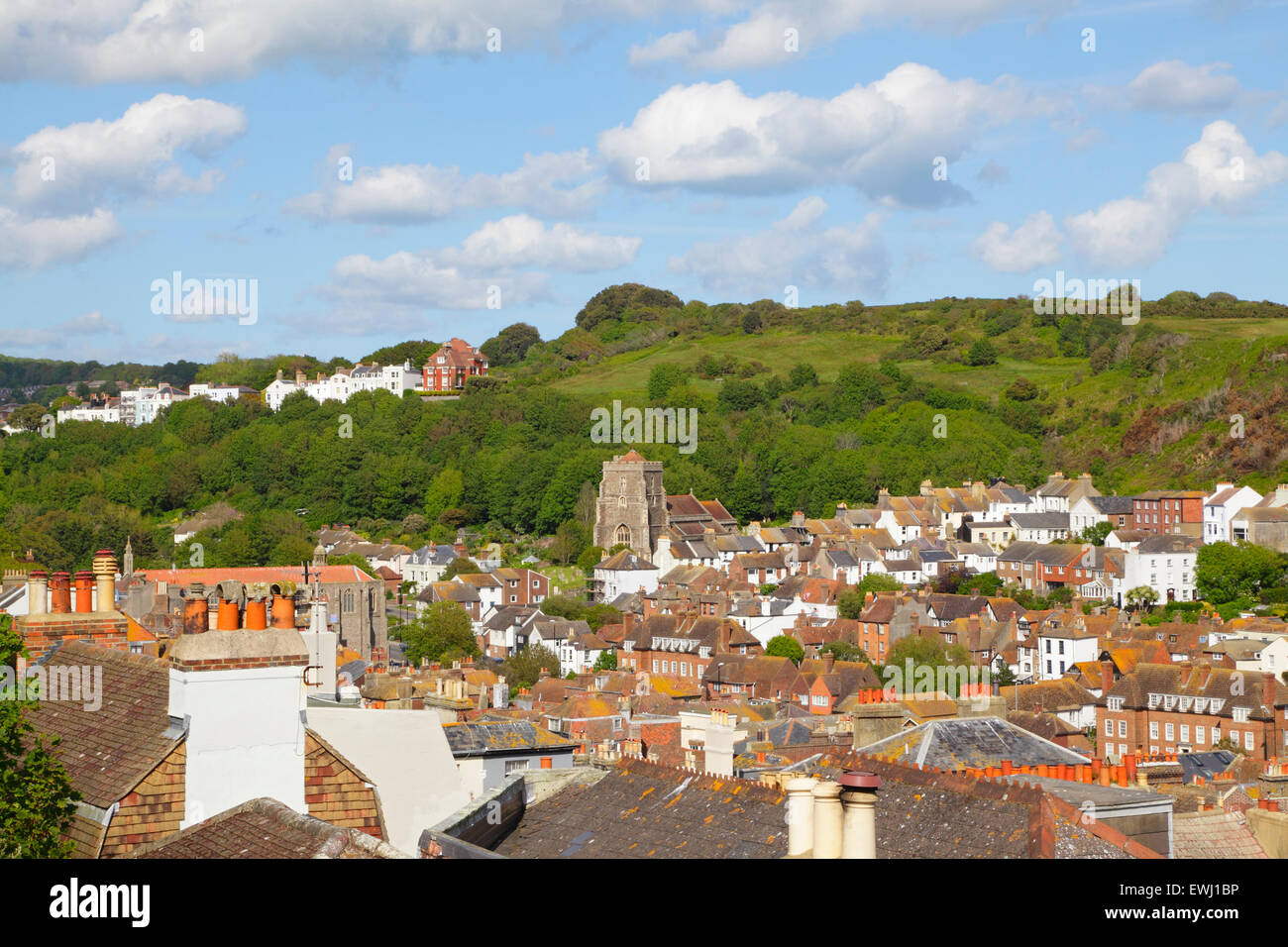 View over rooftops of Hastings Old Town, to High Wickham and East Hill ...