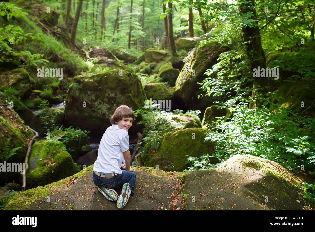Cute boy playing on the rocks near a scenic waterfall Stock Photo - Alamy