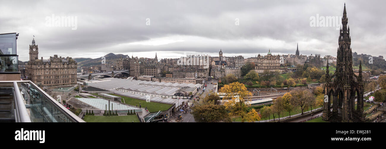 A panorama of Edinburgh with Scott's monument in the foreground and the ...