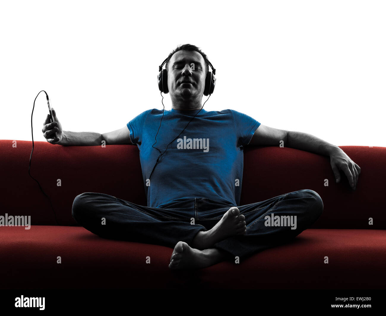One Caucasian Man Sofa Couch Listening Music Audio In Silhouette