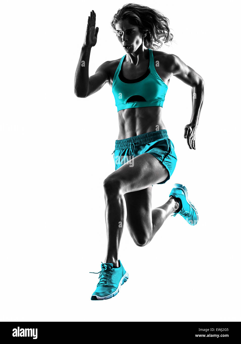 one caucasian woman runner running jogger jogging in studio silhouette ...