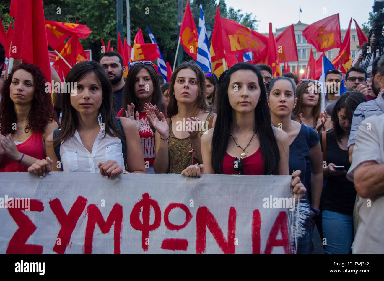 Athens, Greece. 26th June, 2015. Protesters bring banners during a ...