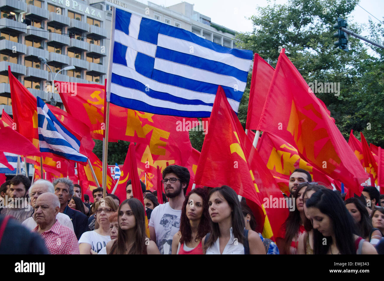 Athens, Greece. 26th June, 2015. Protesters bring banners during a ...