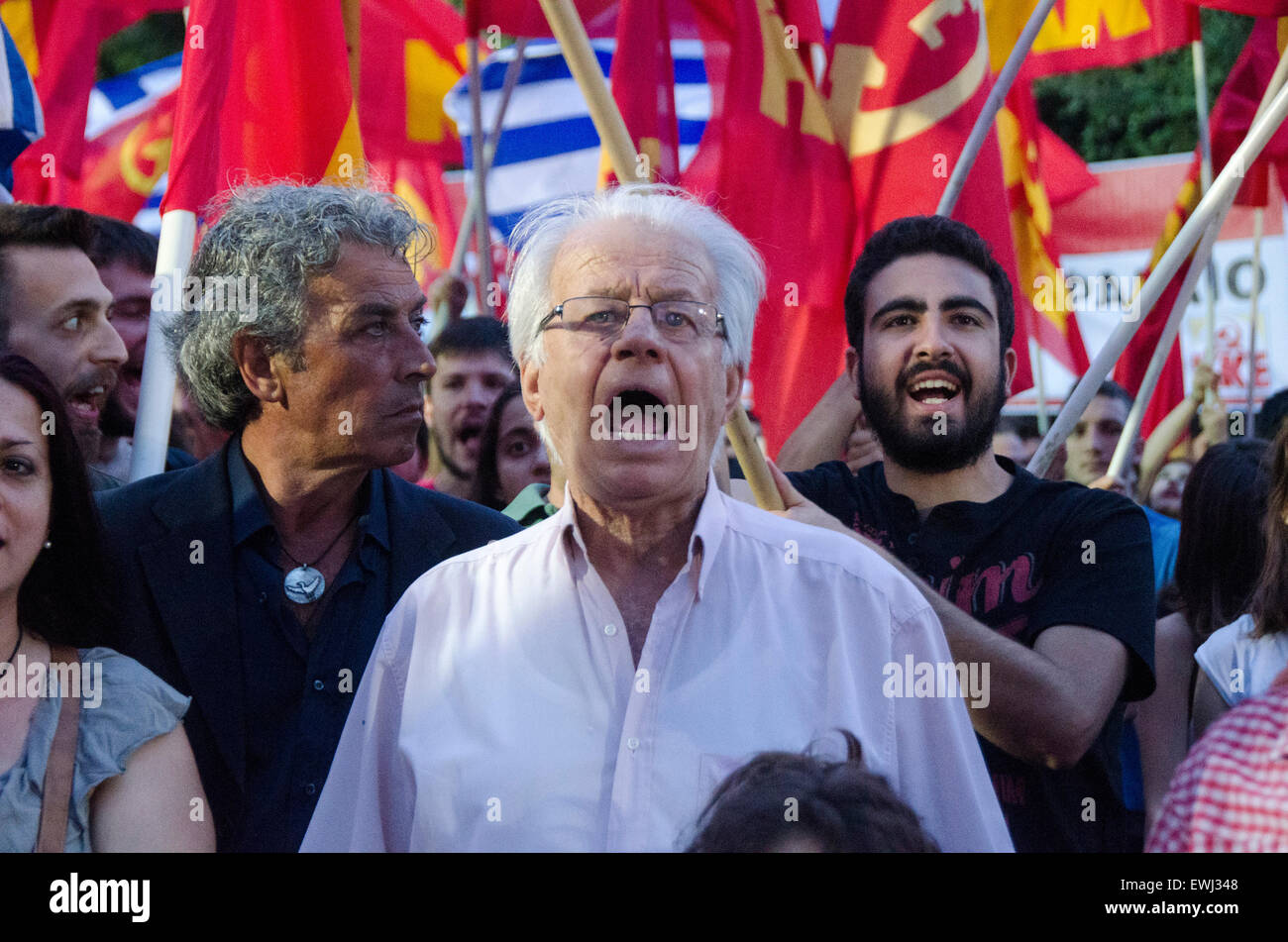 Athens, Greece. 26th June, 2015. Protesters bring banners and shout ...