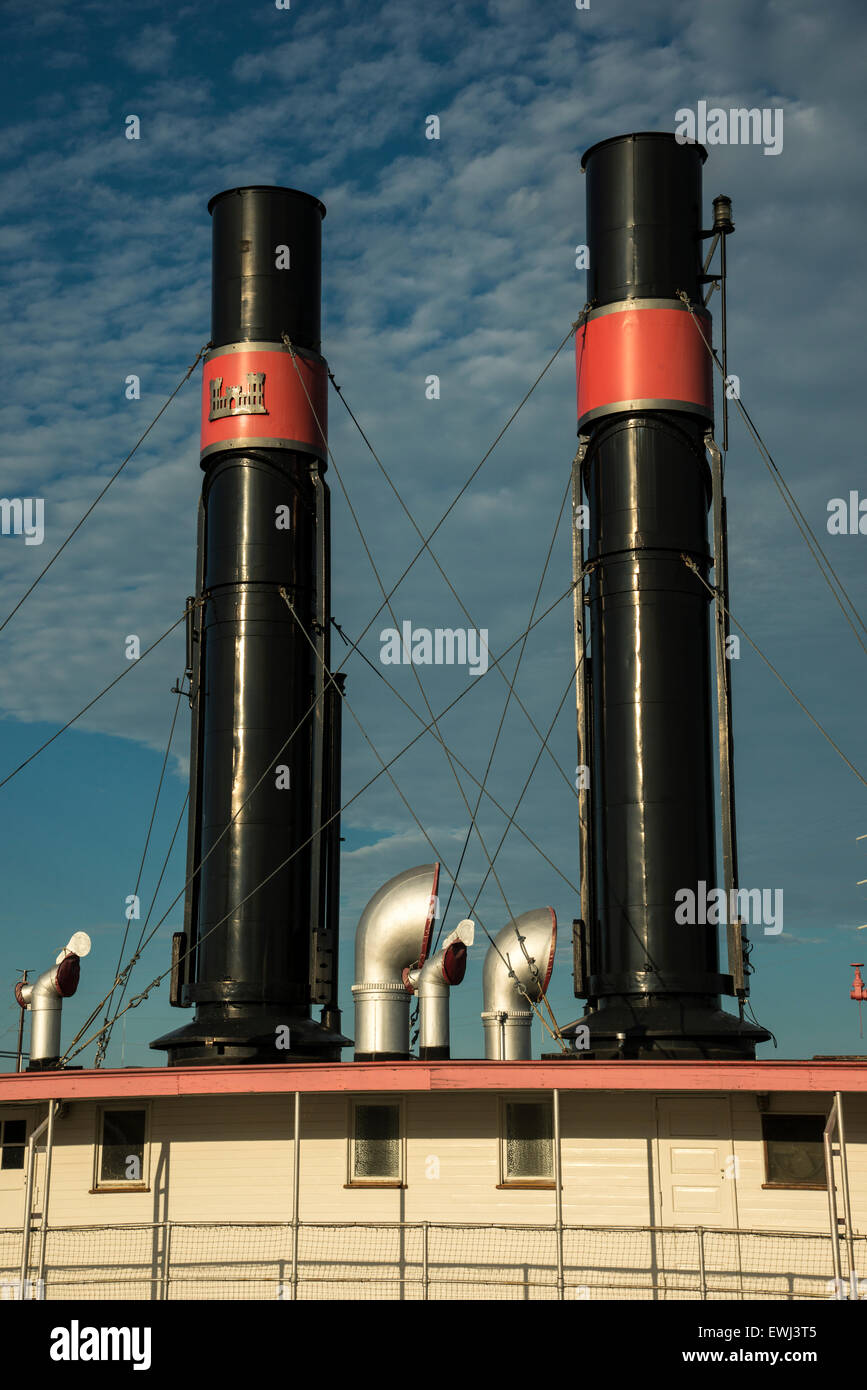 Twin smokestacks on the steam powered William M. Black dredge docked on ...