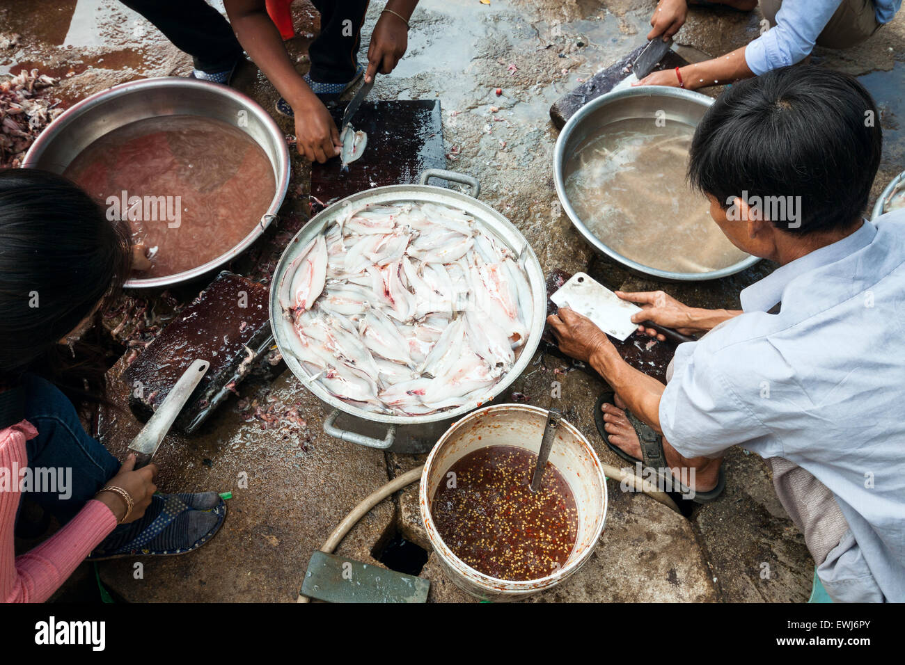 Cambodian family preparing dried fish in traditional way Stock Photo ...
