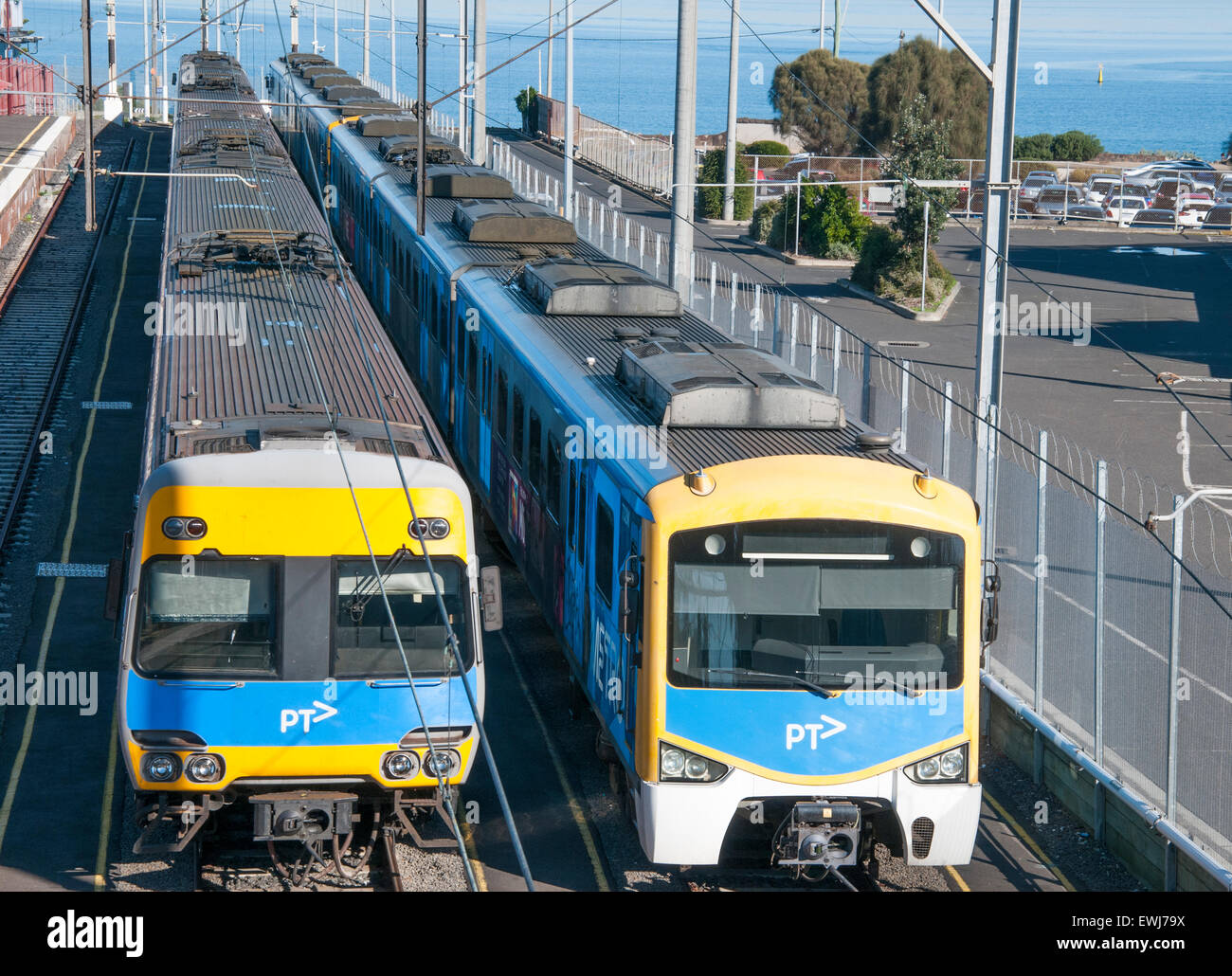 Suburban trains stand at a siding in Brighton Beach, Melbourne Stock ...