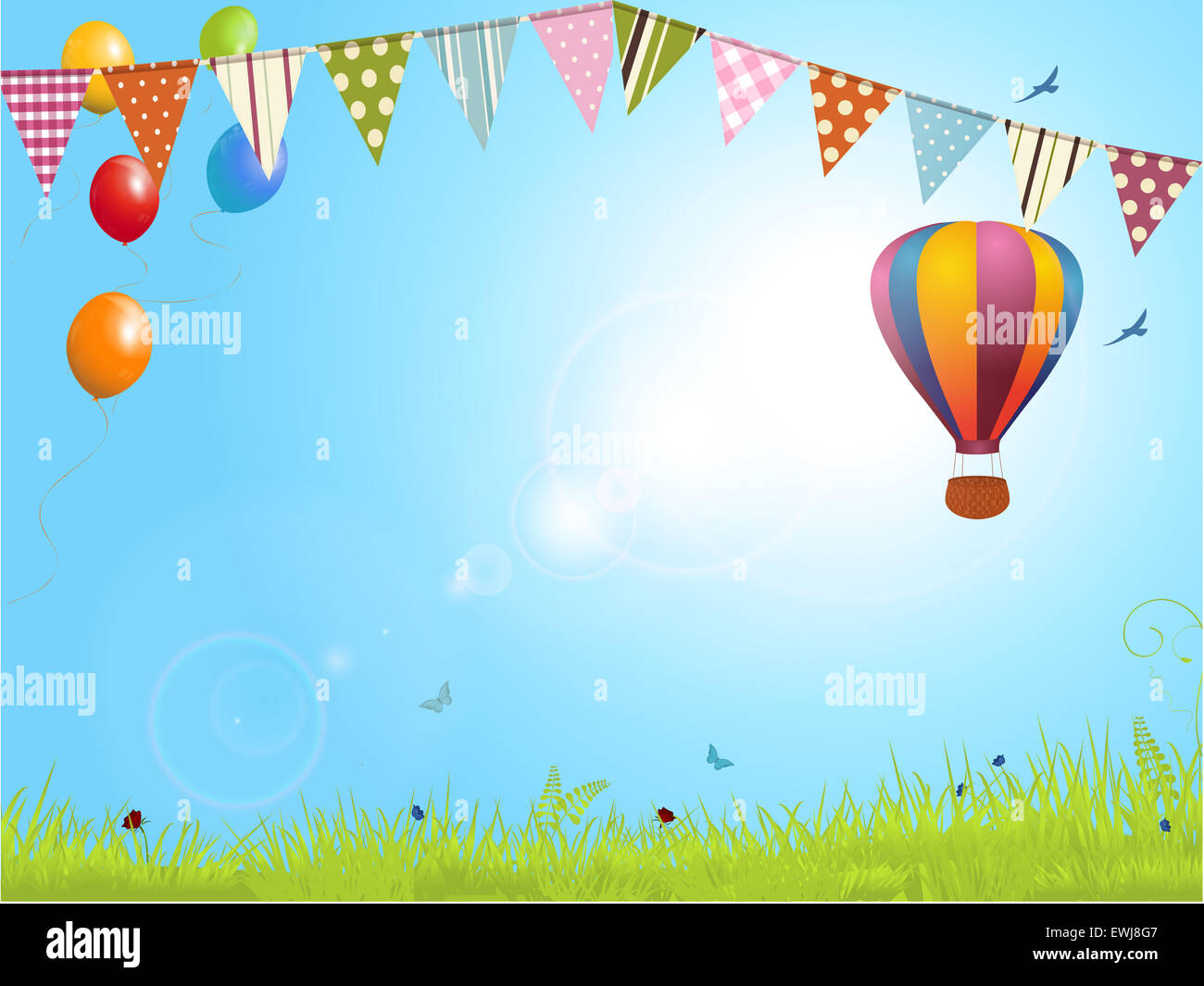Spring Landscape Background with Air Balloon and Bunting Stock Photo ...