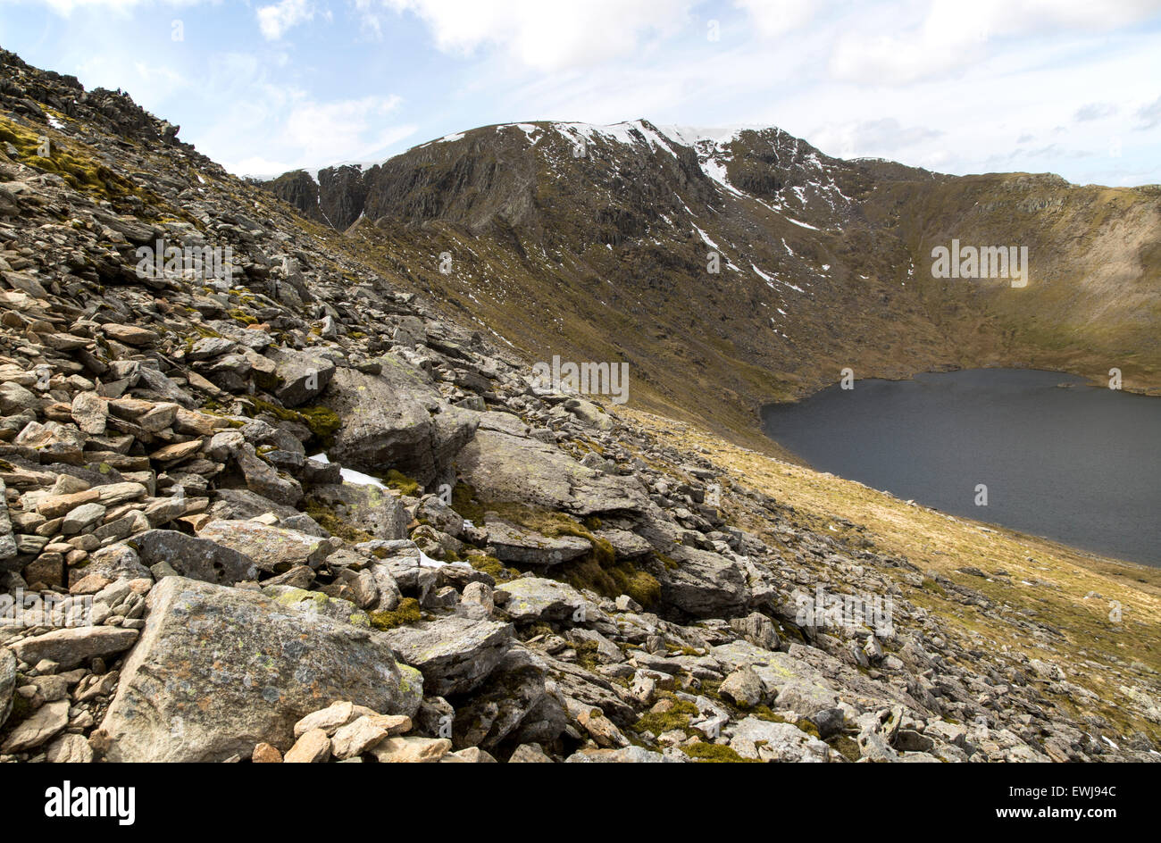 Helvellyn mountain peak and red tarn corrie lake hi-res stock ...