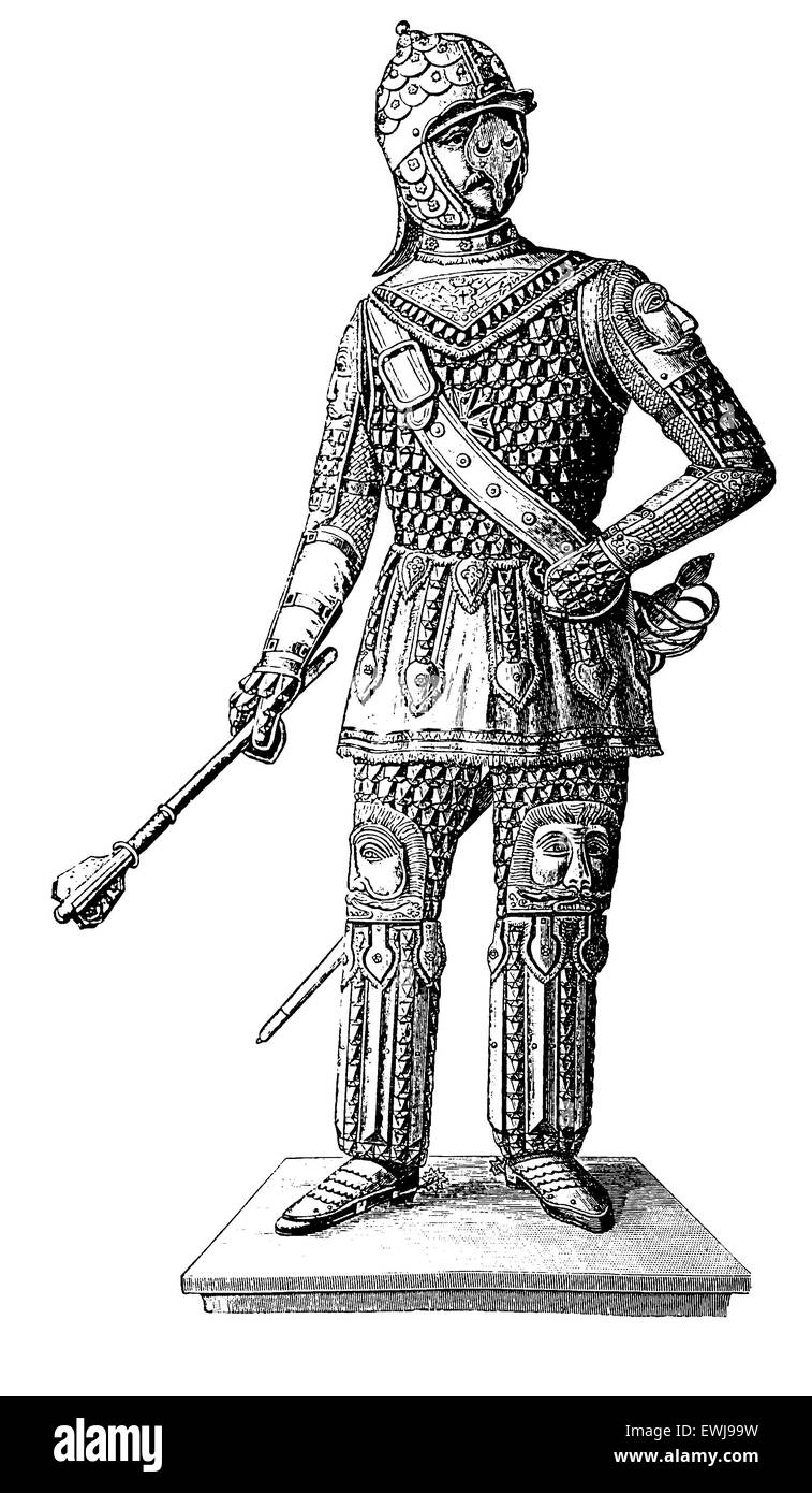 Engraving of 16th century Poland soldier armed with mace and sword ...