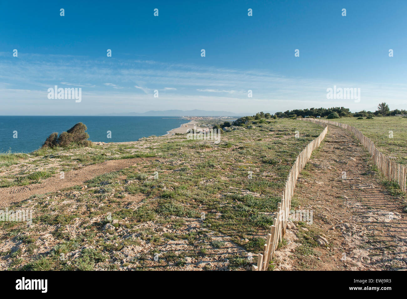 Cliff protection at Cap Leucate, Roussillon, France, with Pyrenees ...