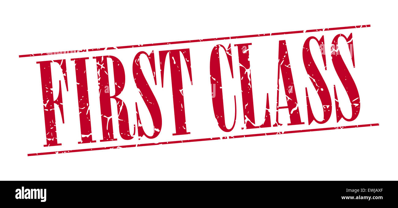 first class red grunge vintage stamp isolated on white background Stock ...