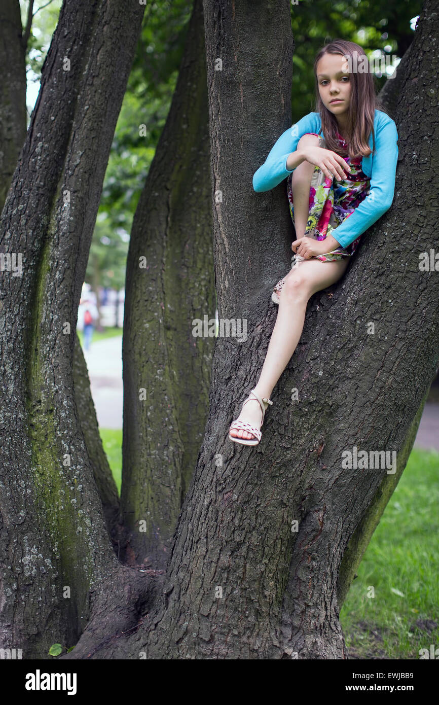 Little cute girl sitting on the branches of the tree Stock Photo - Alamy