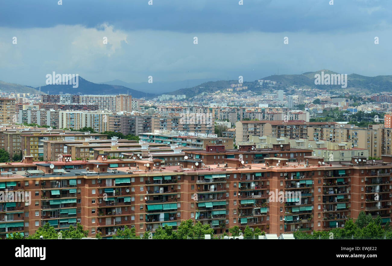 Suburban scene with homes and apartment buildings, Barcelona, Spain ...