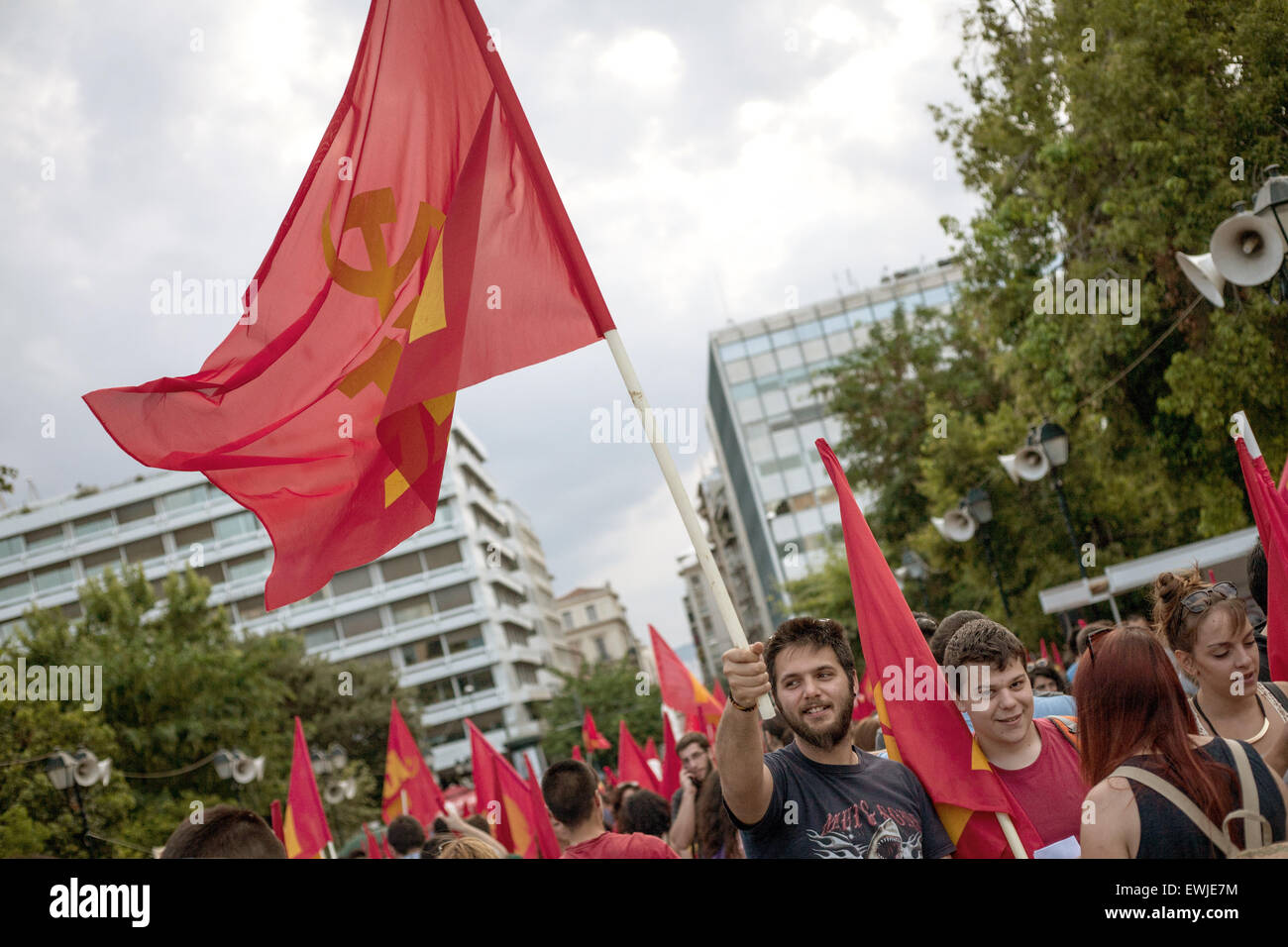 Athens, Greece. 26th June, 2015. A member of the Greek Communist Party ...