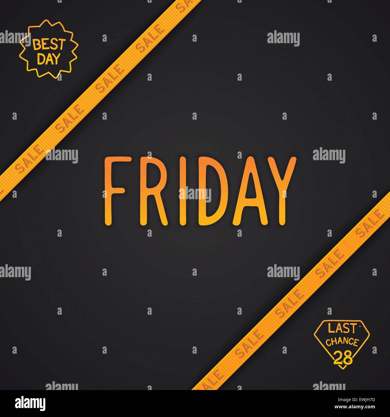Gold lettering - FRIDAY, on black background with labels and ribbons ...