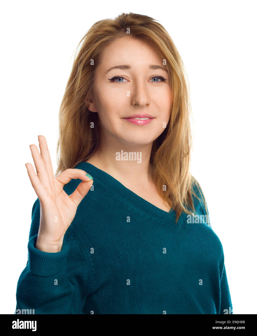 Young beautiful woman is showing OK sign, isolated over white Stock ...