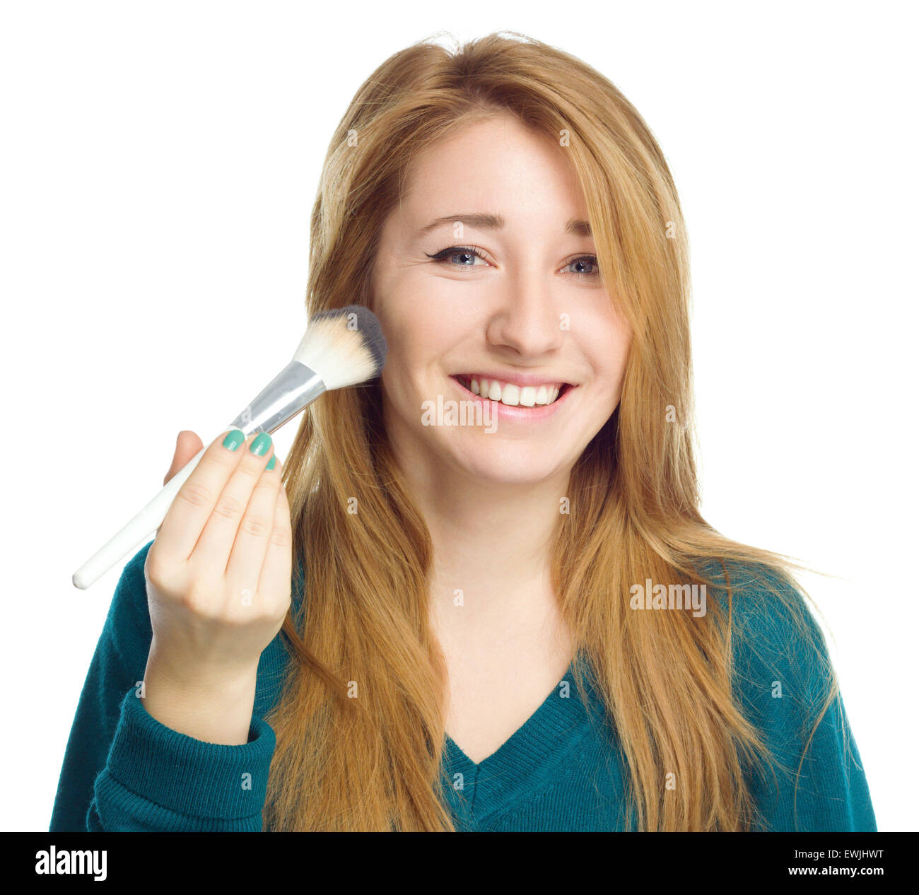 Girl is applying makeup using brush, isolated over white Stock Photo ...
