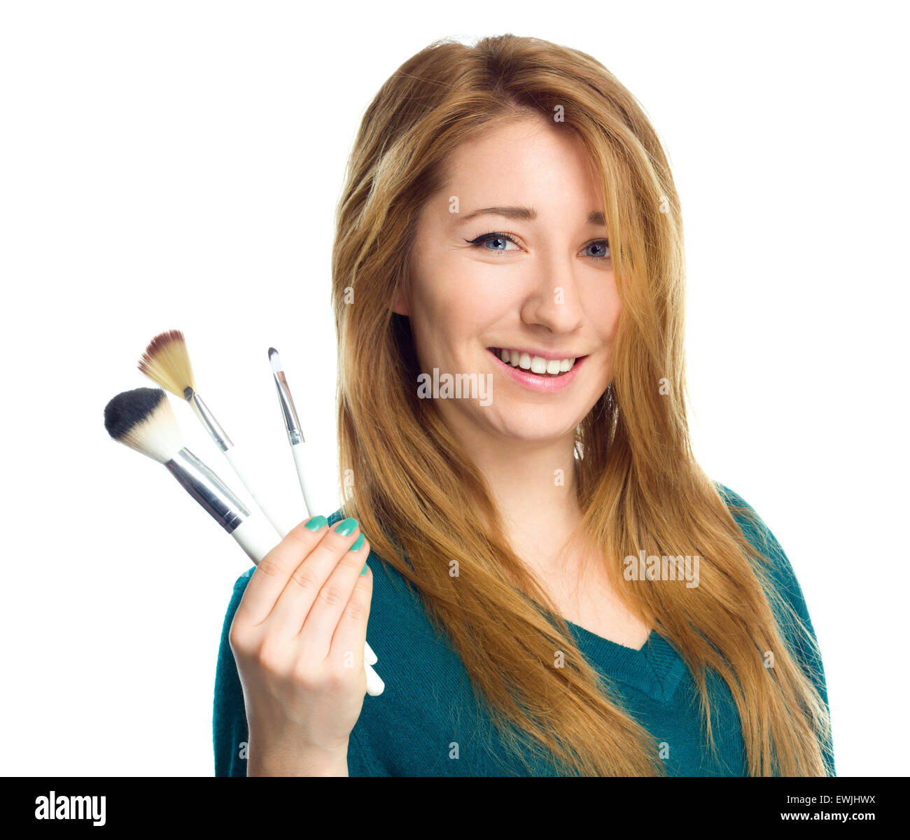 Girl is applying makeup using brush, isolated over white Stock Photo ...