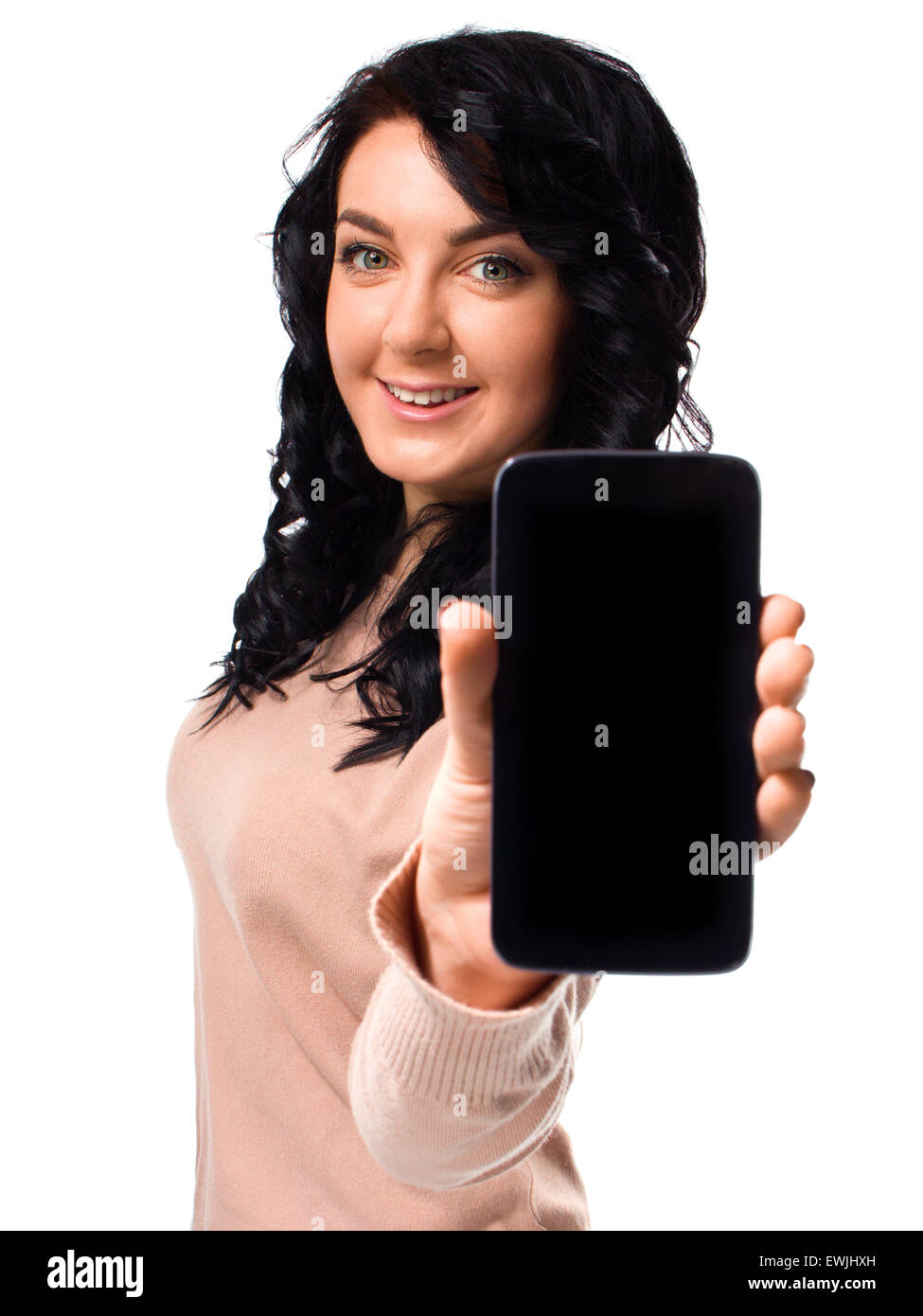 Young woman show display of mobile cell phone with black screen ...