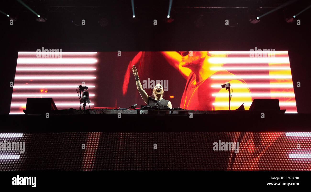 French DJ David Guetta performs on stage during his concert at O2 World ...