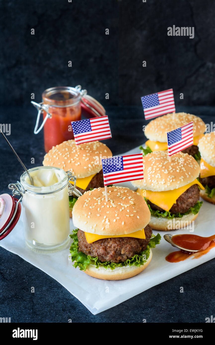 Mini beef burgers with American flag,selective focus Stock Photo - Alamy