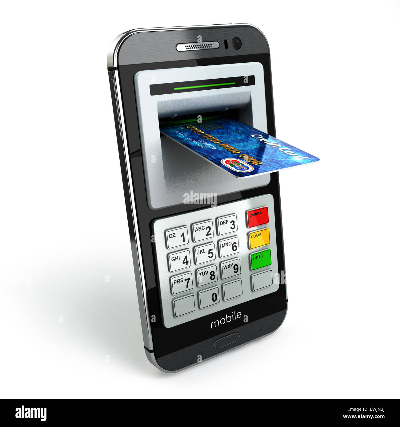 Mobile banking concept. Smartphone as ATM and credit cards. 3d Stock ...