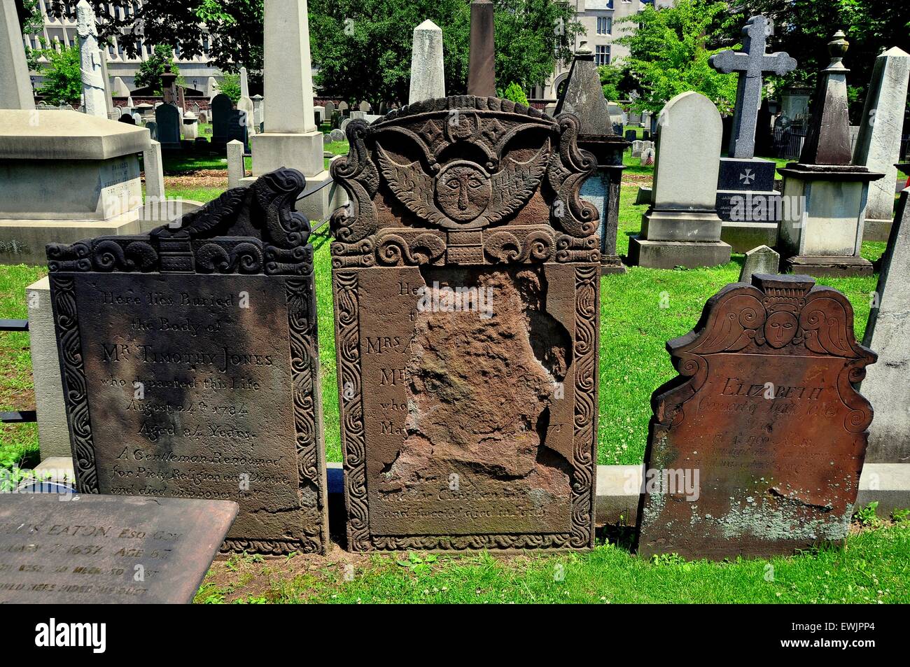 New Haven, Connecticut : Three 18th century sandstone tombstones with ...