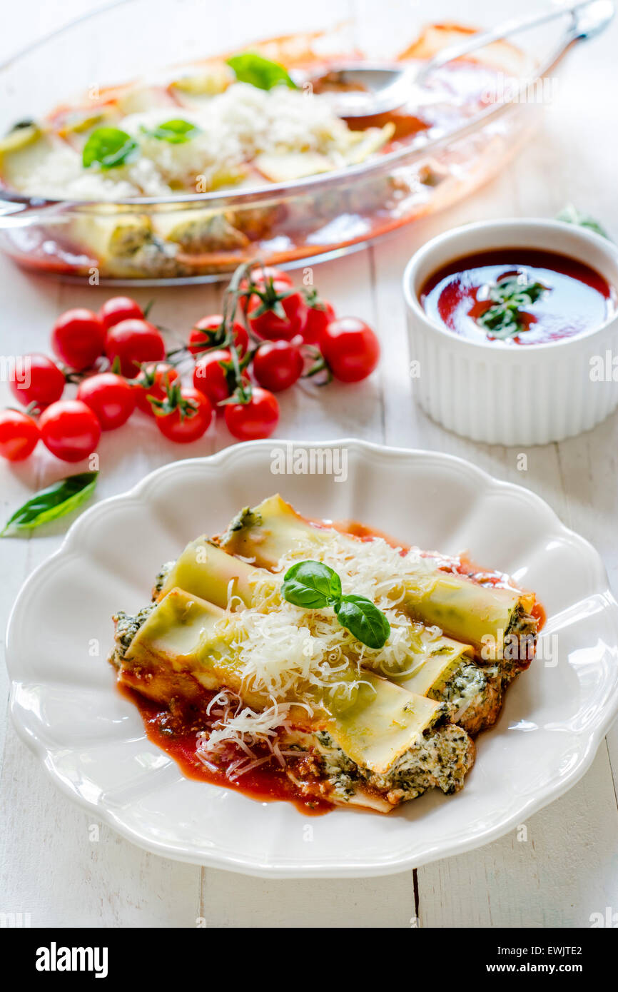 Served cannoli pasta stuffed with spinach and cheese,selective focus ...