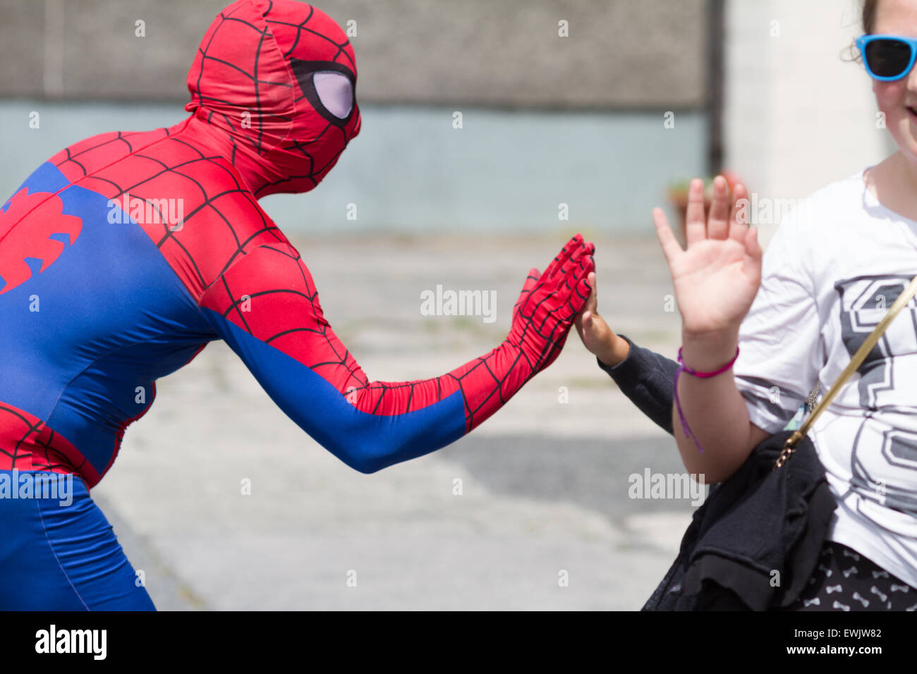 Spider man at St Clears Carnival June 2015 in Pembrokeshire Wales. Town ...