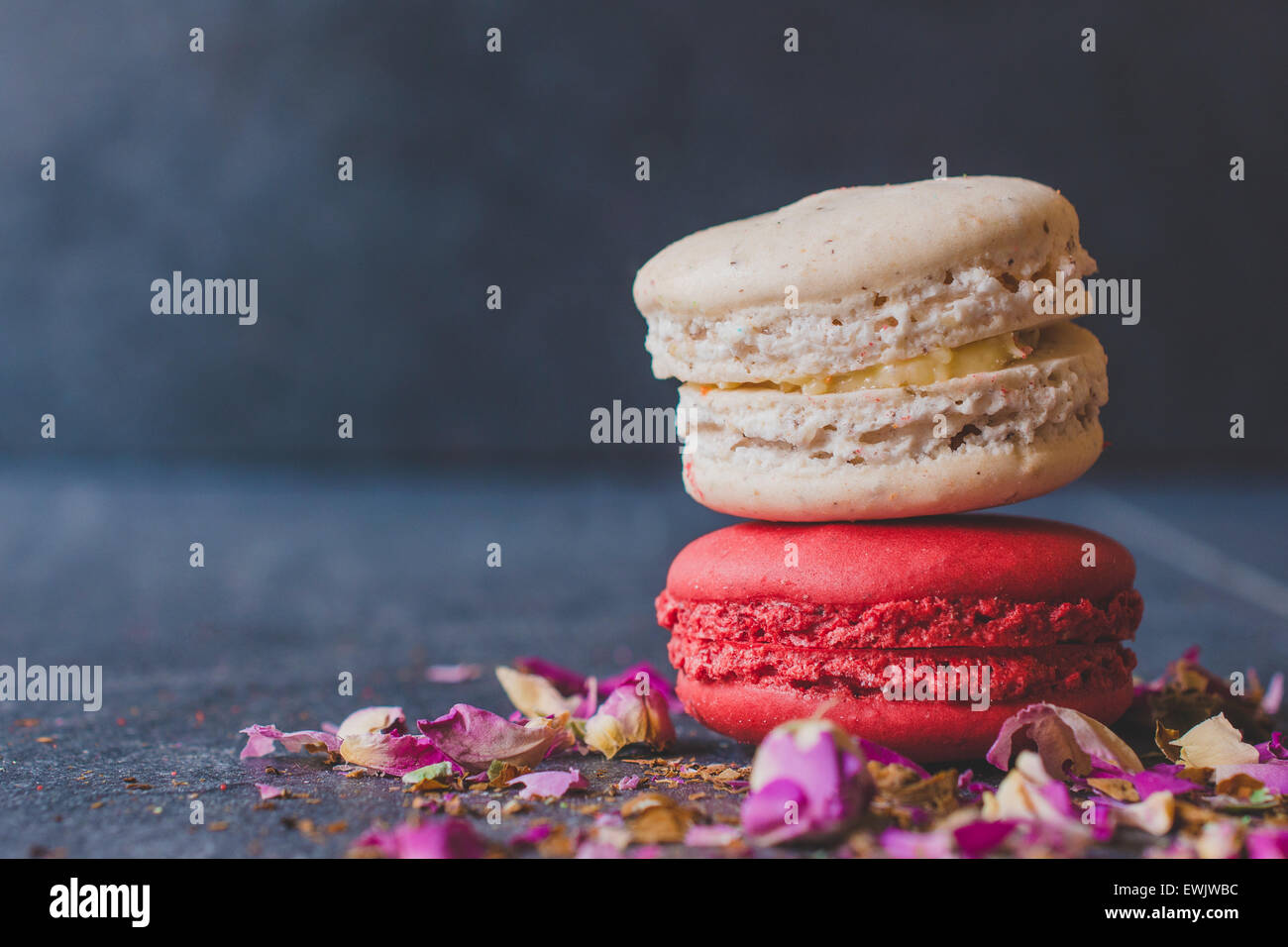 Sweet homemade macaroons cookies on dark background,selective focus and ...
