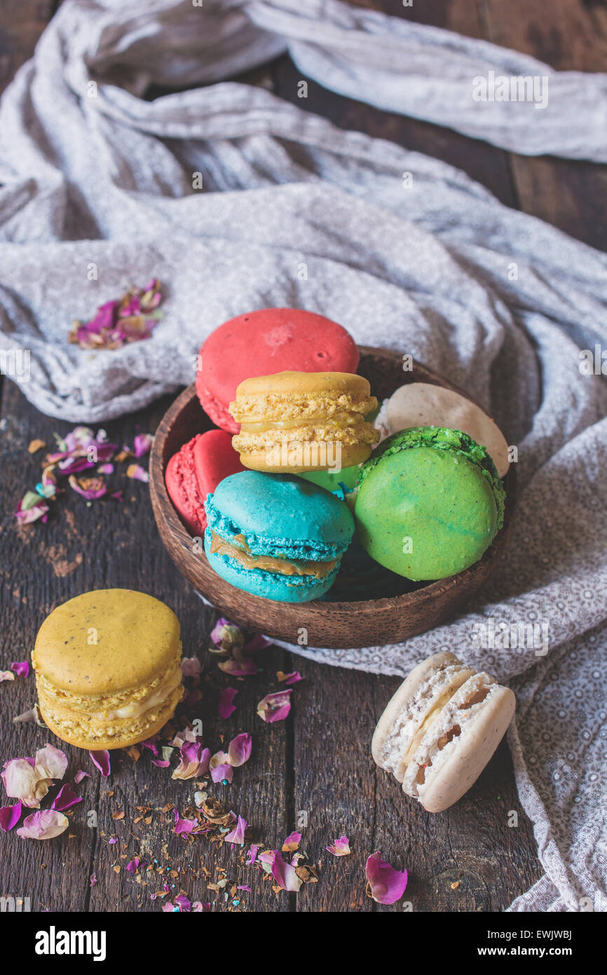 Sweet homemade macaroons cookies in wooden bowl,selective focus and ...