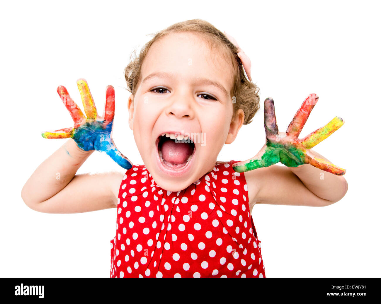 Portrait of positive little girl with colorful hands,isolated on white ...
