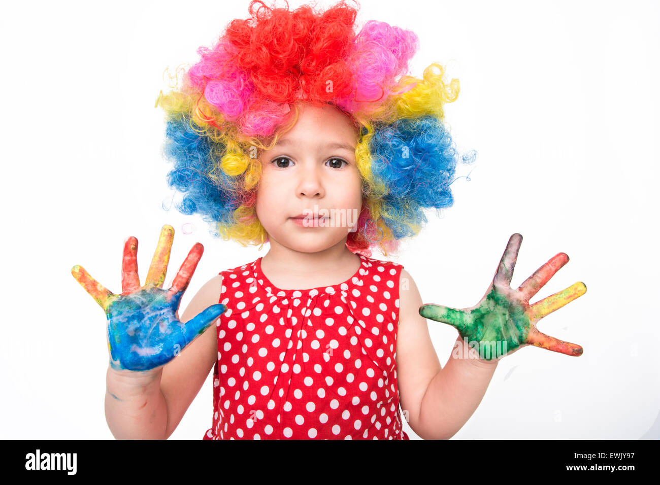 Little sad clown with colorful hands,isolated on white background Stock ...