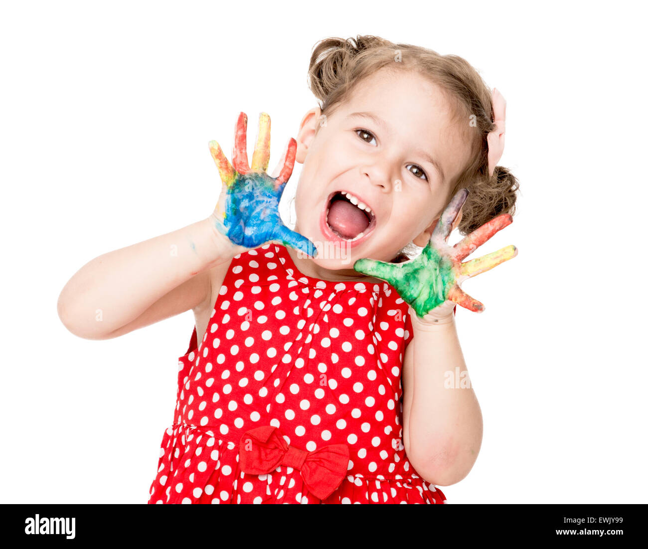 Happy little girl with colorful hands,siolated on white background ...