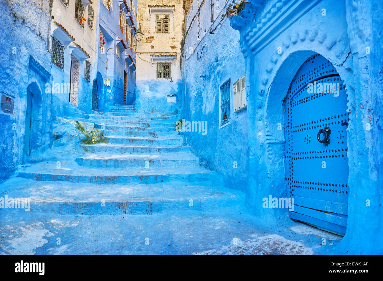 Blue painted walls in old medina of Chefchaouen, Morocco, Africa Stock ...