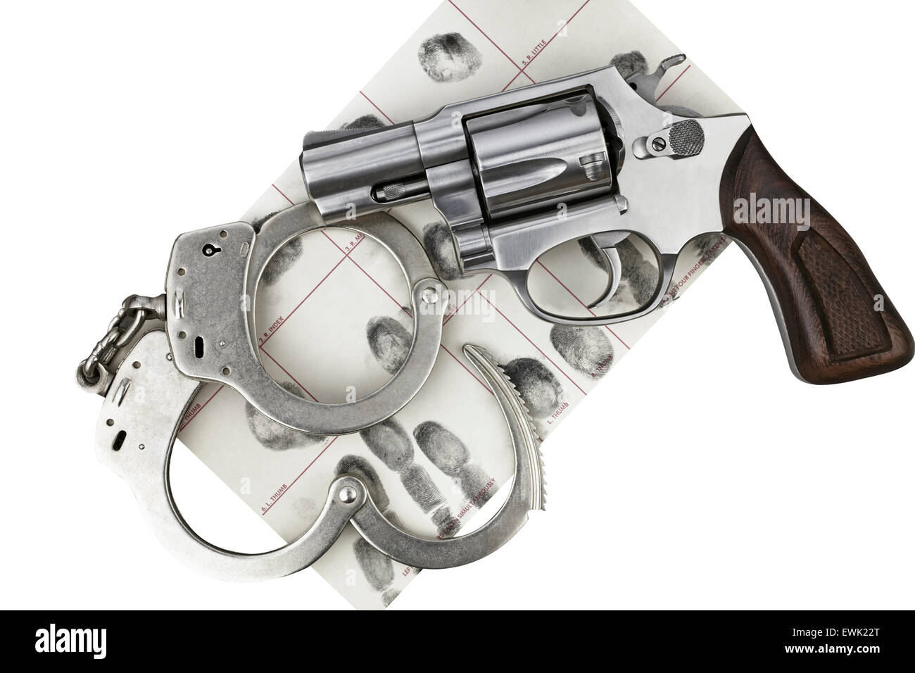 Gun with handcuff and fingerprint ID for criminal arrest Stock Photo ...