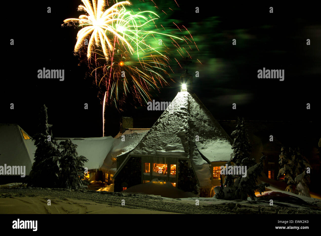 Fireworks above Timberline Lodge, Mt Hood National Forest, Oregon Stock ...