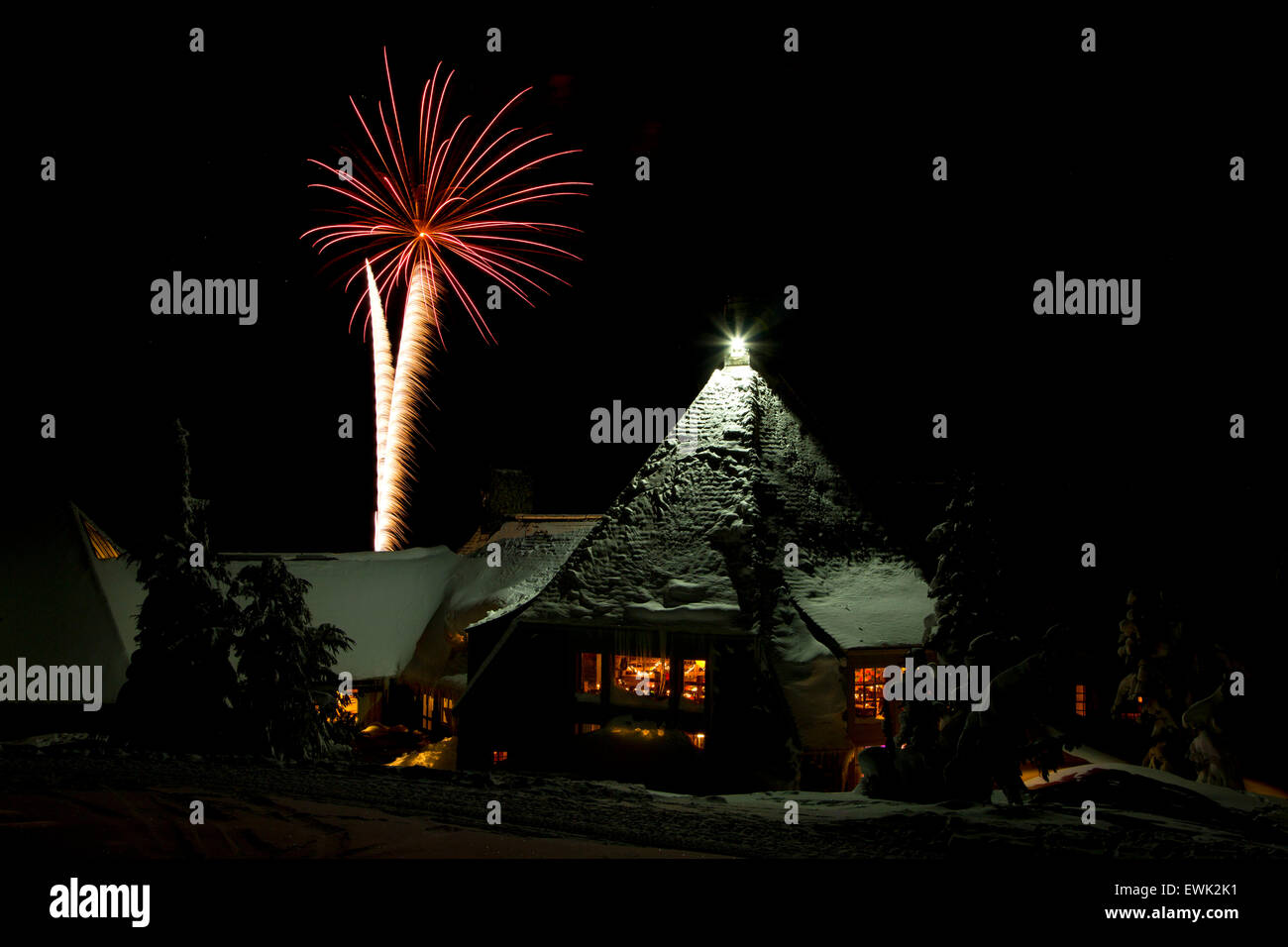 Fireworks above Timberline Lodge, Mt Hood National Forest, Oregon Stock ...