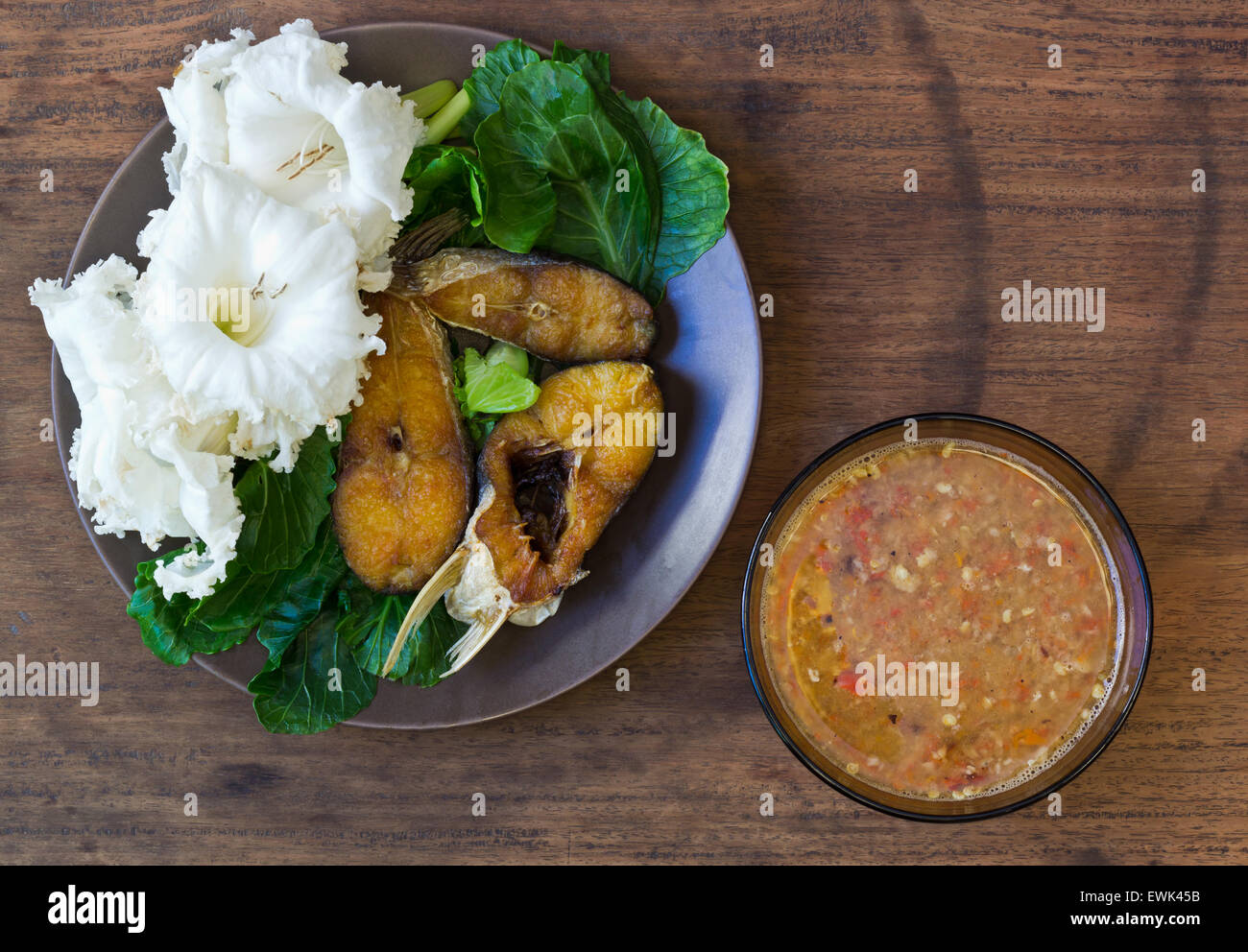 Fermented fish spicy dip (Nam Prik Pla-ra as Thai pronunciations) with ...