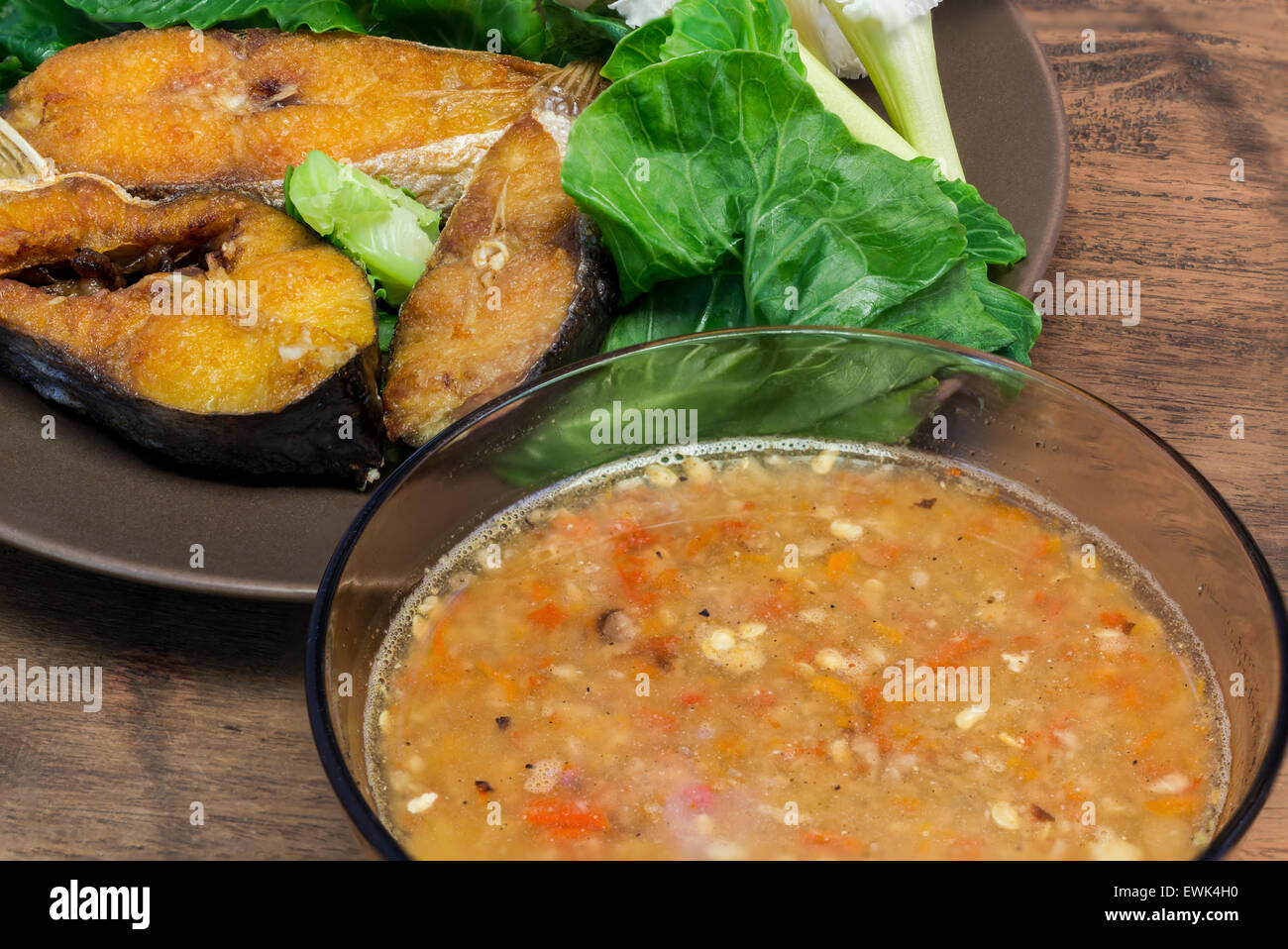 Fermented fish spicy dip (Nam Prik Pla-ra as Thai pronunciation) with ...