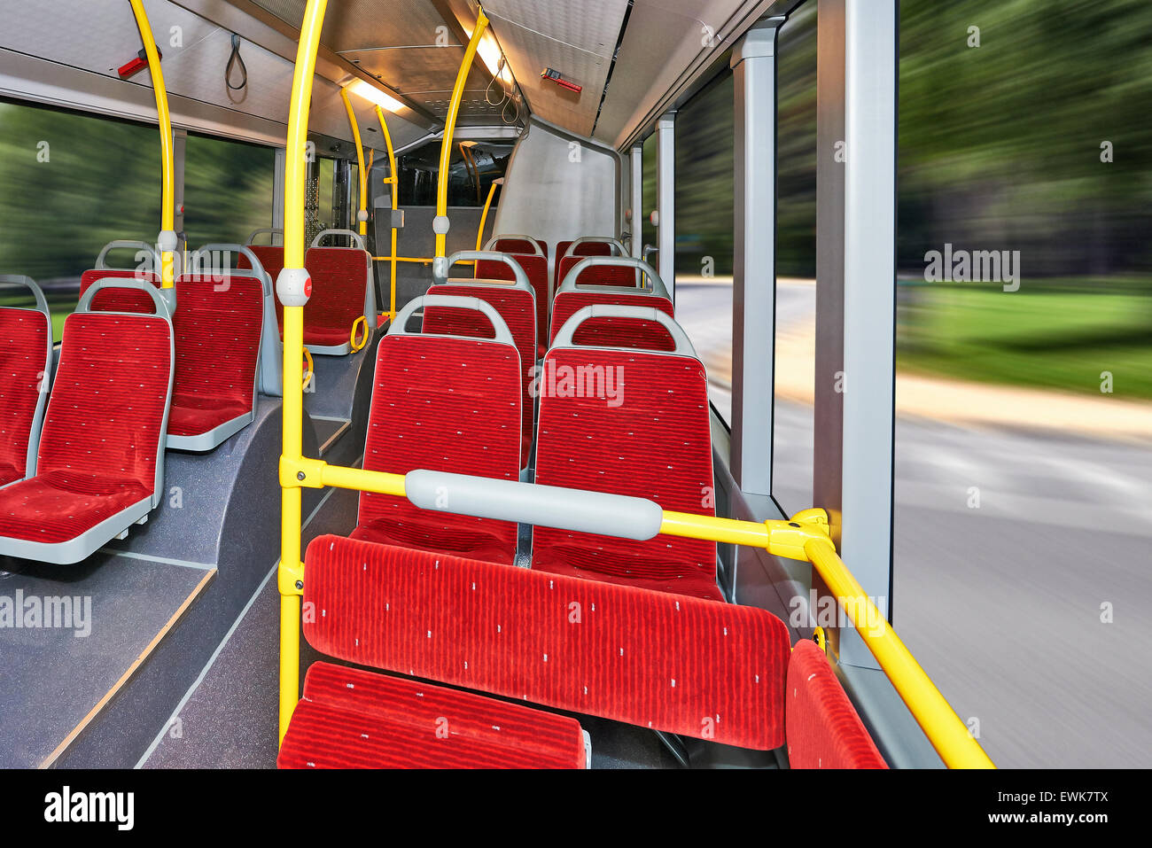 Public Transportation, City Bus Interior with red seats and green ...
