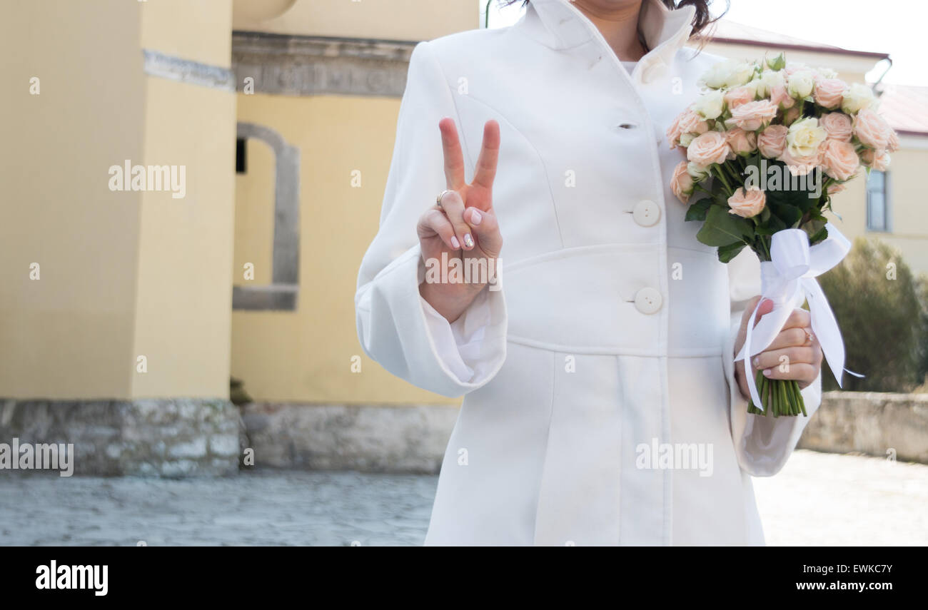 happy bride, victory sign Stock Photo - Alamy