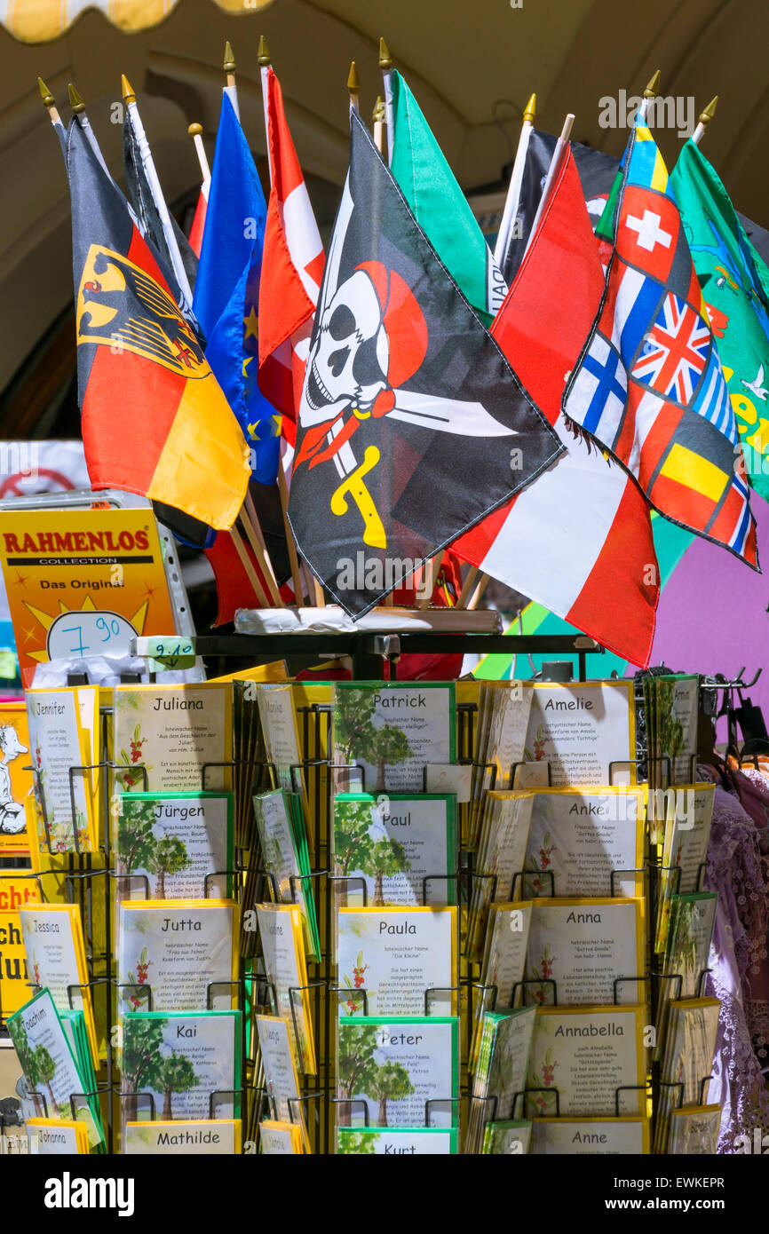Stand with postcards and colored flags, Lindau, Bavaria, Germany ...