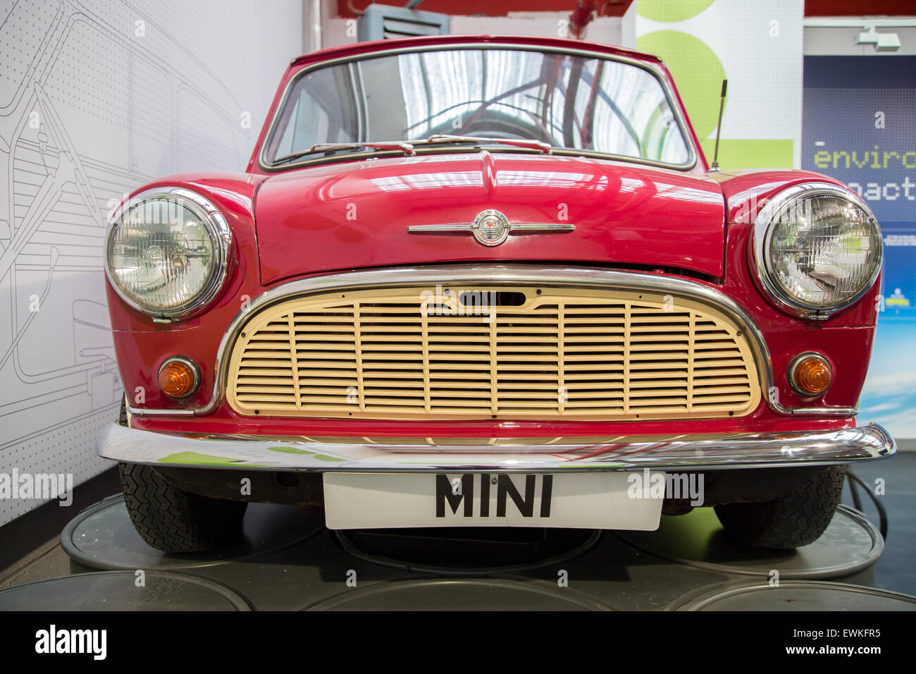 A vintage red mini car on display at Coventry Transport Museum Stock ...