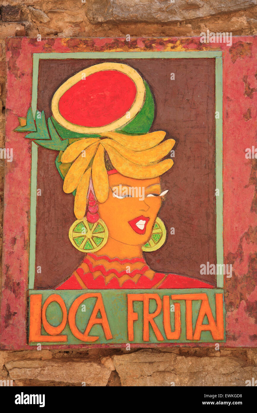 Fruit shop sign in the old village Peratallada, Coata Brava, Catalonia ...