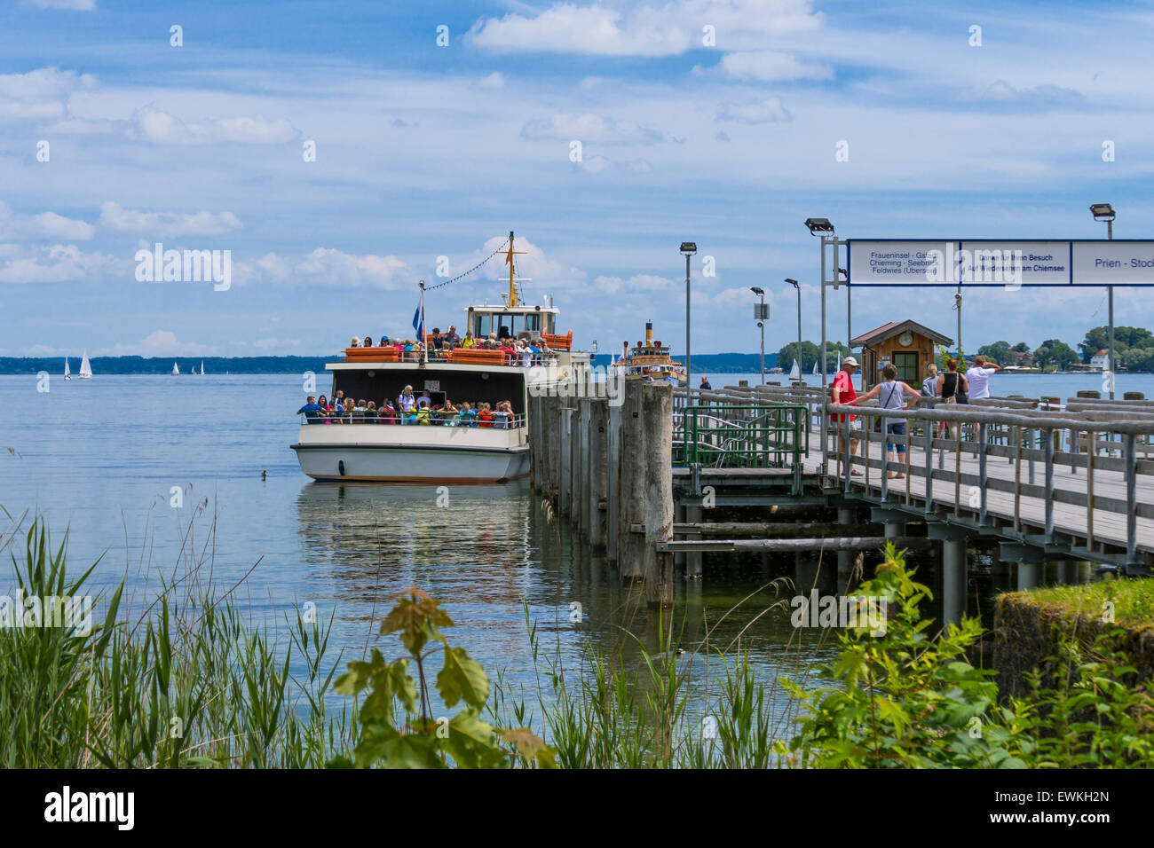 A steamboat at a landing stage on lake Chiemsee, Insel Herrenchiemsee ...